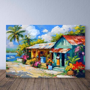 Caribbean Village Art Print, Colourful Seaside Scene From Dominica, St ...