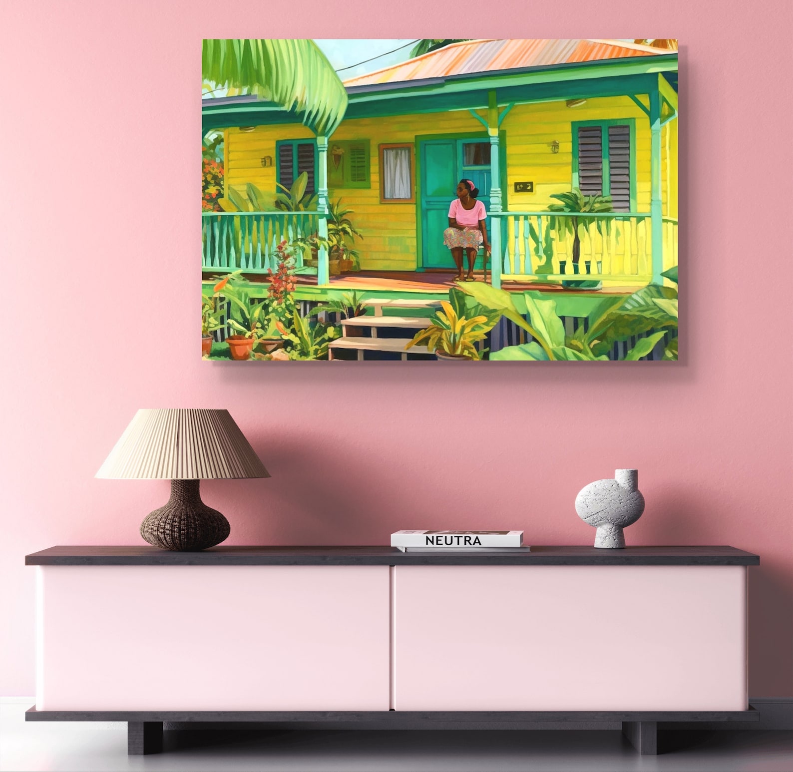 Barbados Painting of Chattel House in Green and Yellow, Caribbean Wall ...