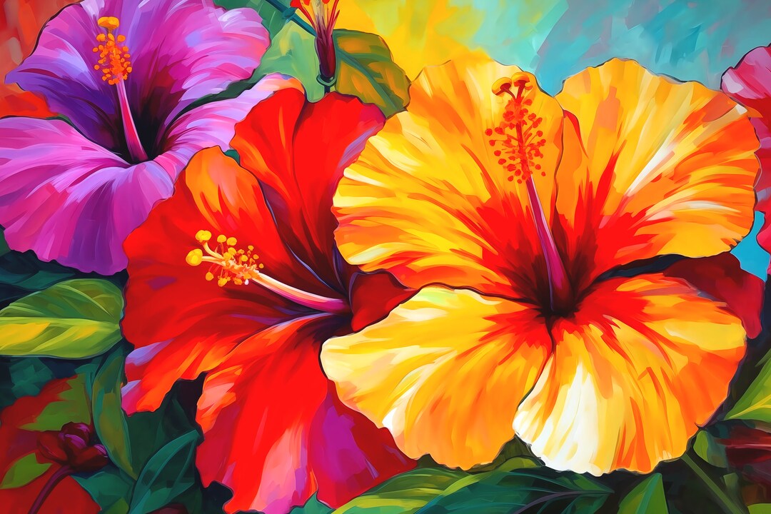 Vibrant Caribbean Hibiscus Flowers Art Print Tropical Blossoms in Bold ...