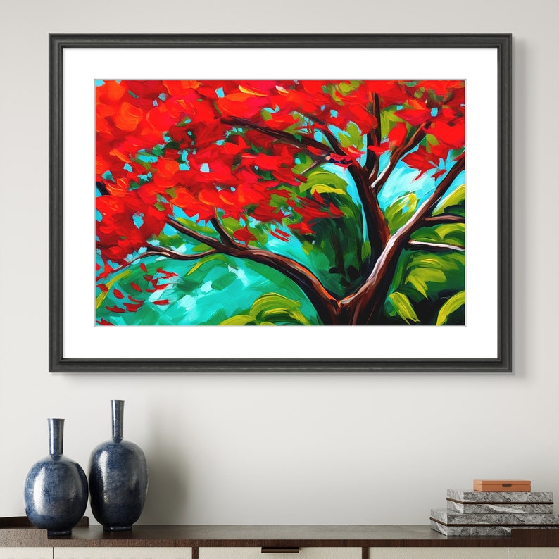Flamboyant Tree Print, Tropical Print, Bright Colours, Red and Green ...