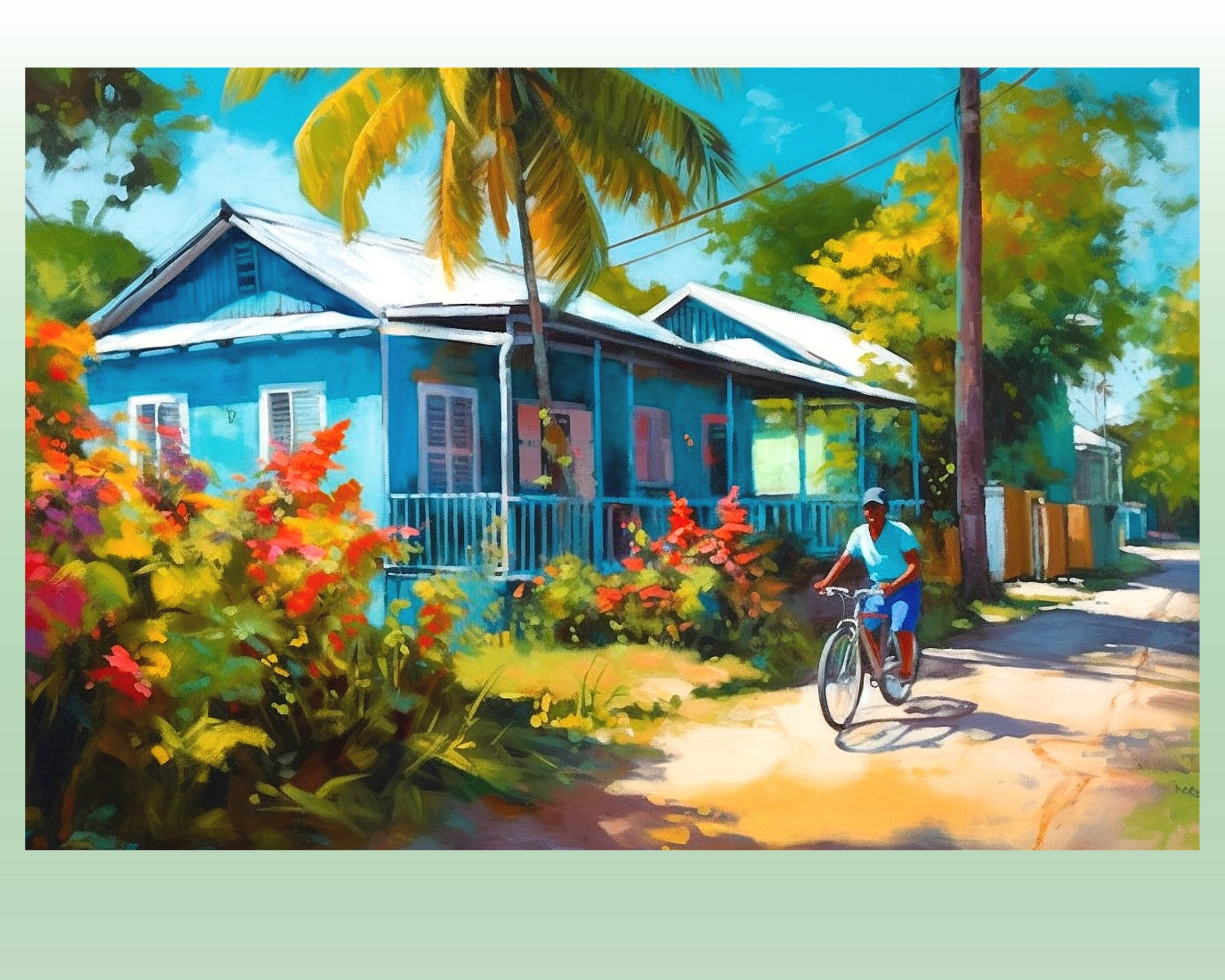 Barbados Painting of Man on Bicycle, Caribbean Wall Decor, Blue ...