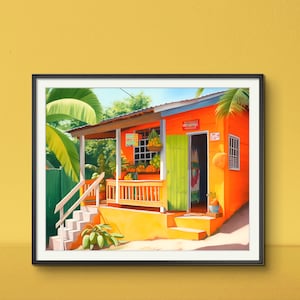 Art for Caribbean House Print Colorful House Painting Caribbean Island ...