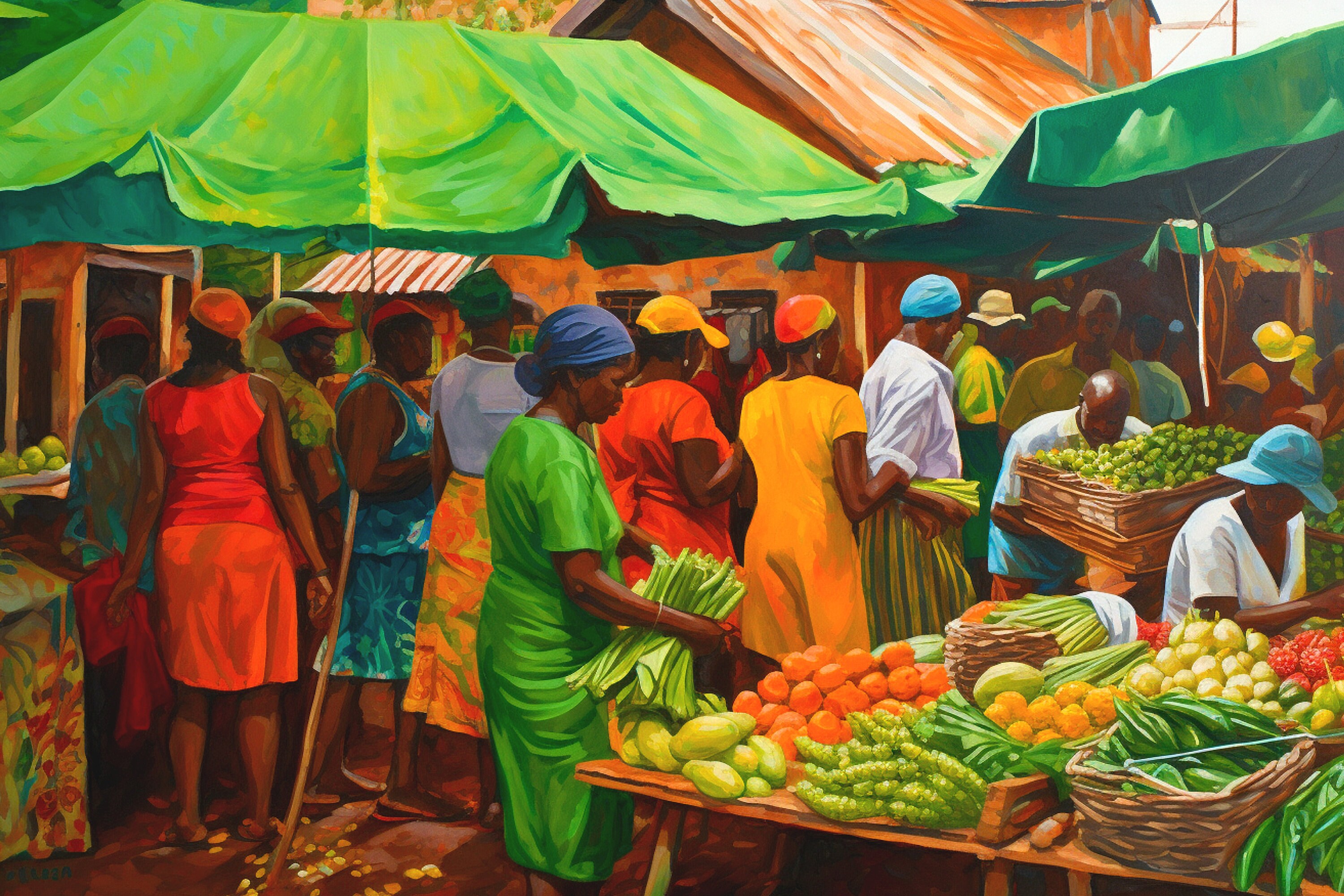 Caribbean Artwork of Market Scene in Jamaica, Dominica, St Lucia or St Vincent, Bright Colours ...