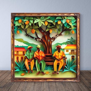 Men Under Mango Tree Art Print - Papercut Style Caribbean Wall Art ...