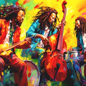 Painting of Reggae Band Playing Music in Red, Gold and Green, Music Art ...