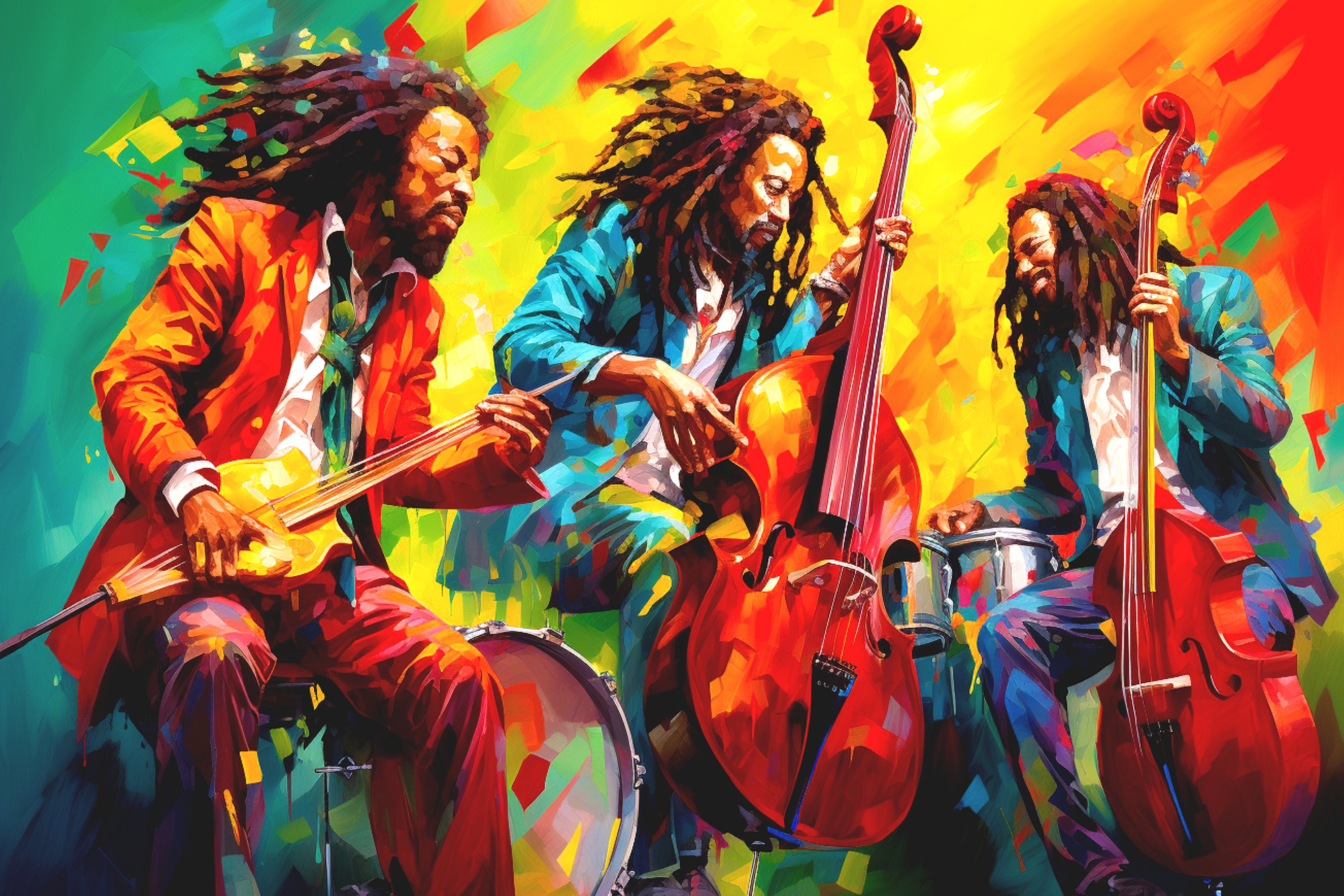 Painting of Reggae Band Playing Music in Red, Gold and Green, Music Art ...