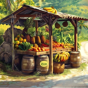 Caribbean Fruit Stall Poster, Jamaican Village Fruit Stand ...