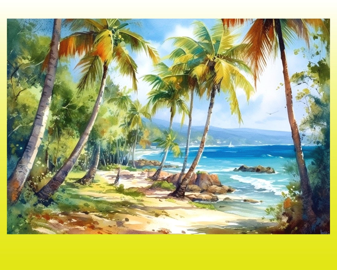 Wild Beach Art Poster Coconut Trees and Blue Seas Caribbean - Etsy