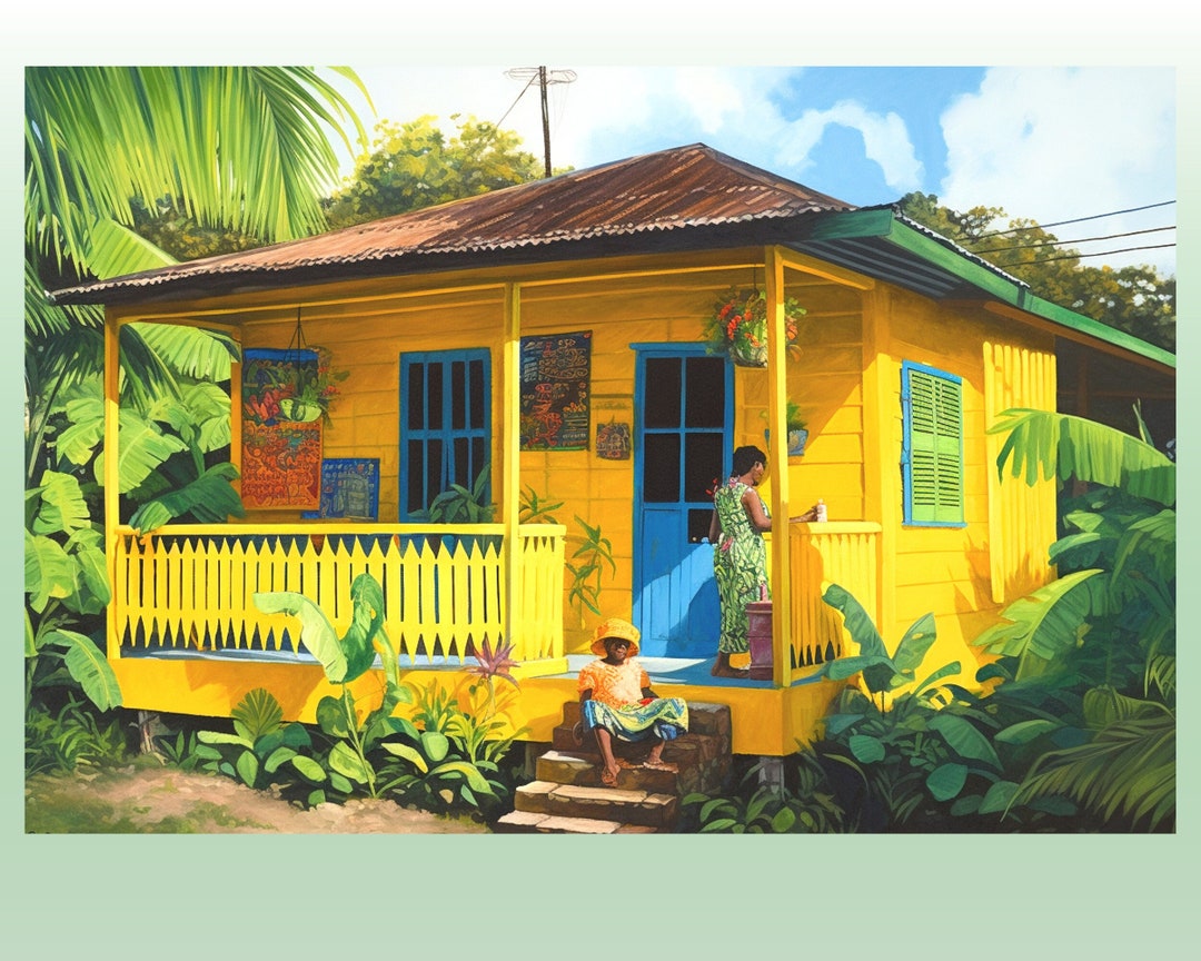Caribbean Painting of Cafe 'snackette' Scene, Chattel House, Art Print ...