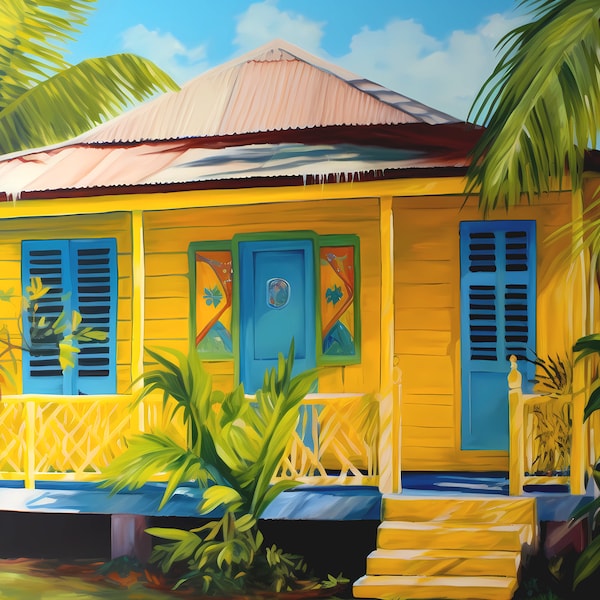 Caribbean House Print Yellow Painted Wooden Tropical House Island Art ...