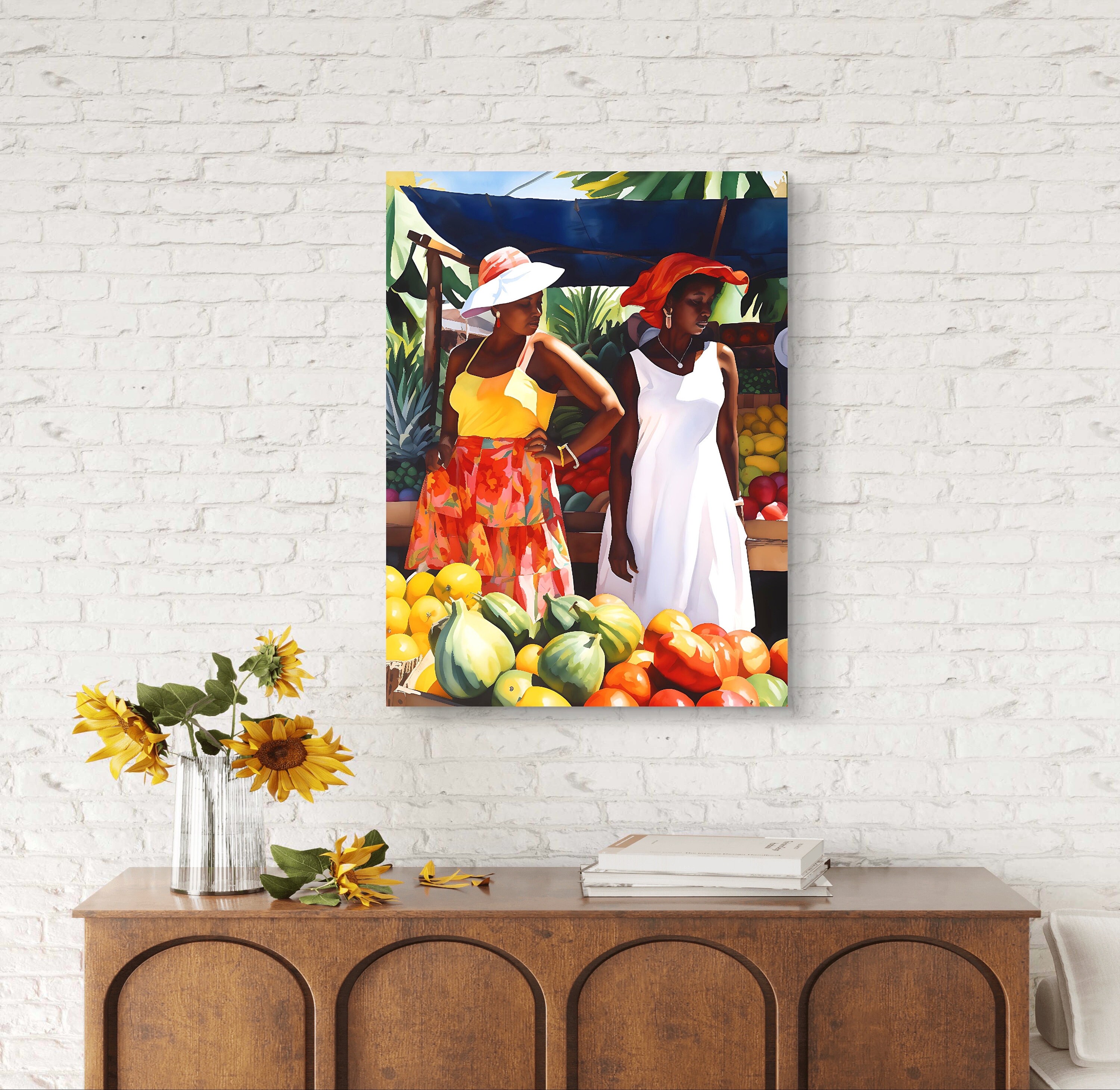 Caribbean Market Art of Two Girls With Fruit and Vegetables in Grenada ...