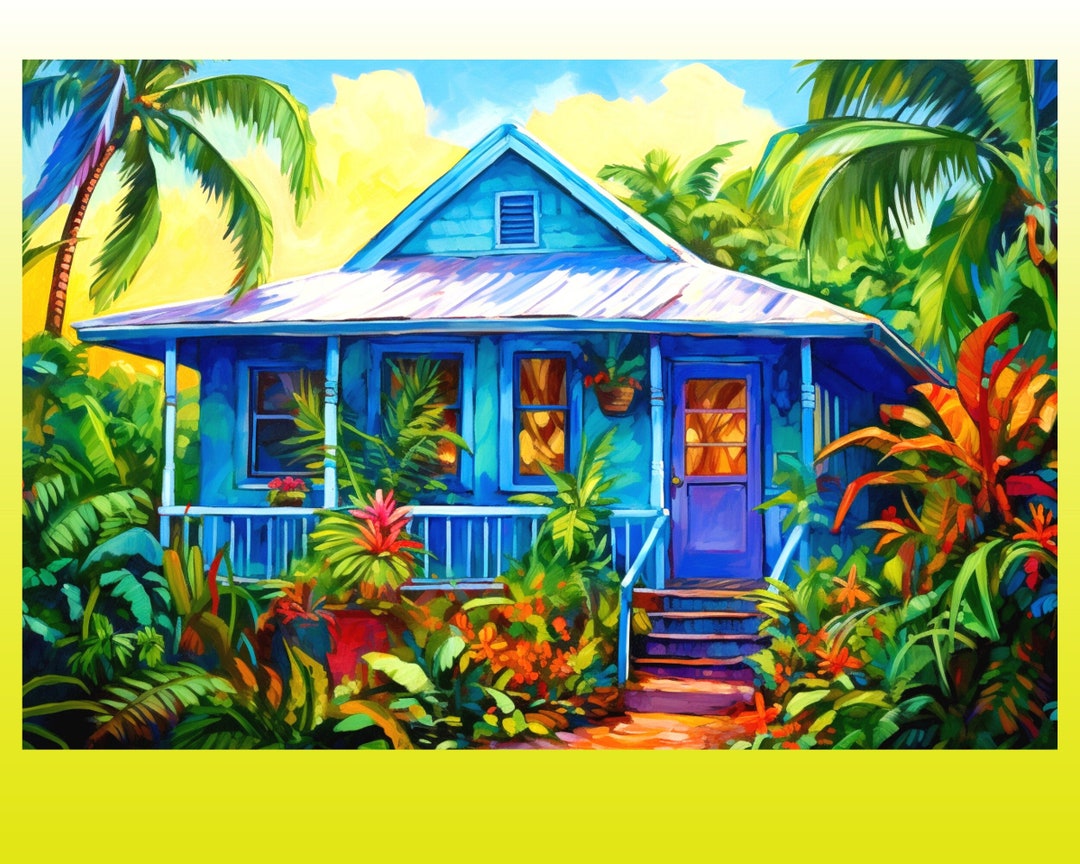 Blue Caribbean House in This Tropical Painting, Caribbean Chattel House ...