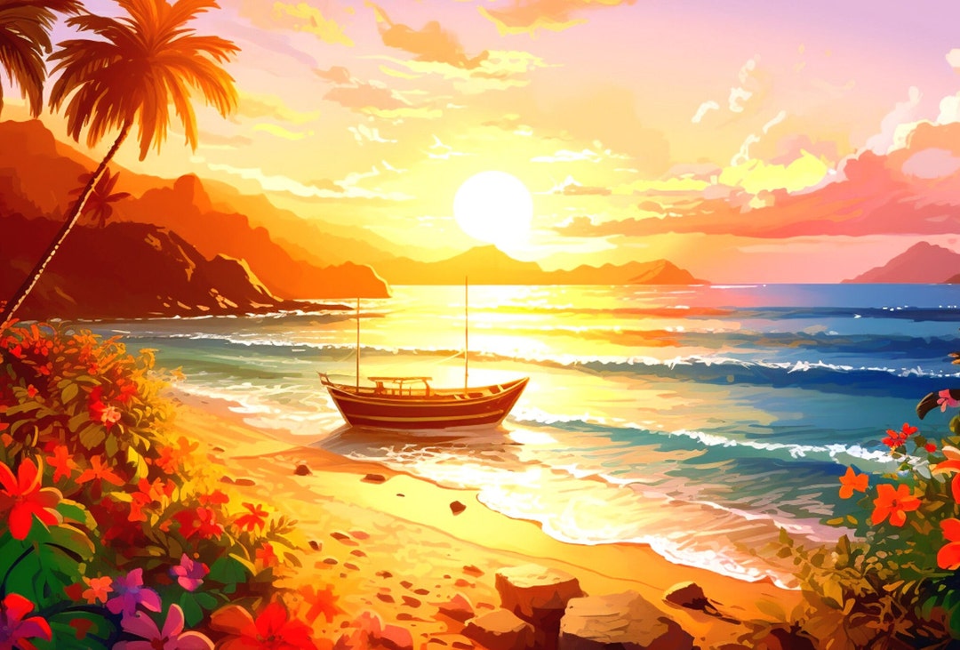 Bateau doré au coucher du soleil sur la plage - Etsy France