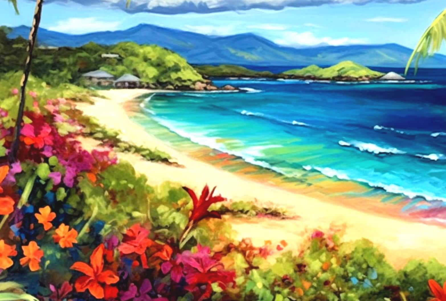 Tobago Art, Caribbean Seascape, Caribbean Beachscape, Floral Beach ...