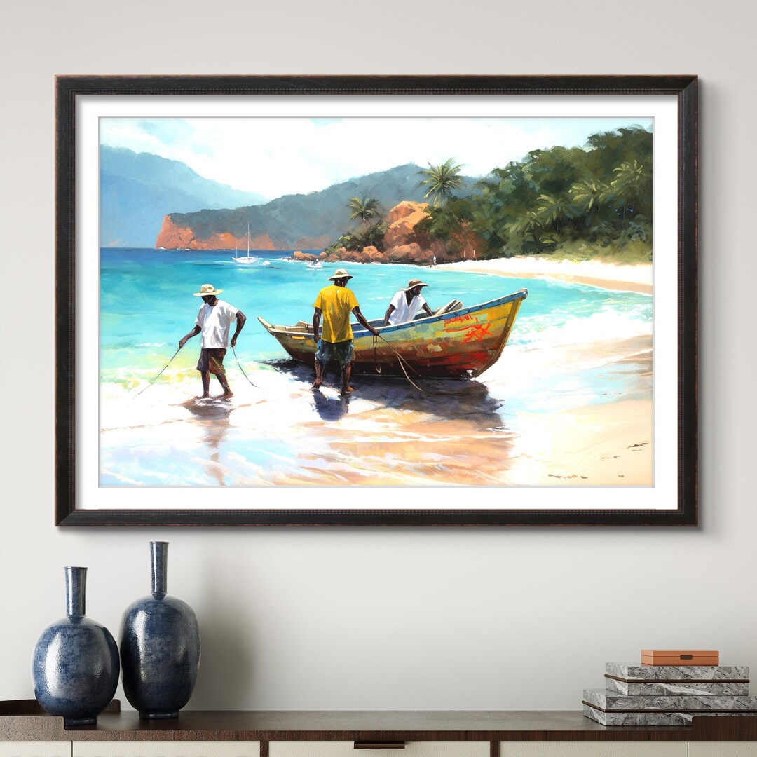 Grenada Art Print of Fishing Boat on Beach Caribbean Fishermen Beach ...