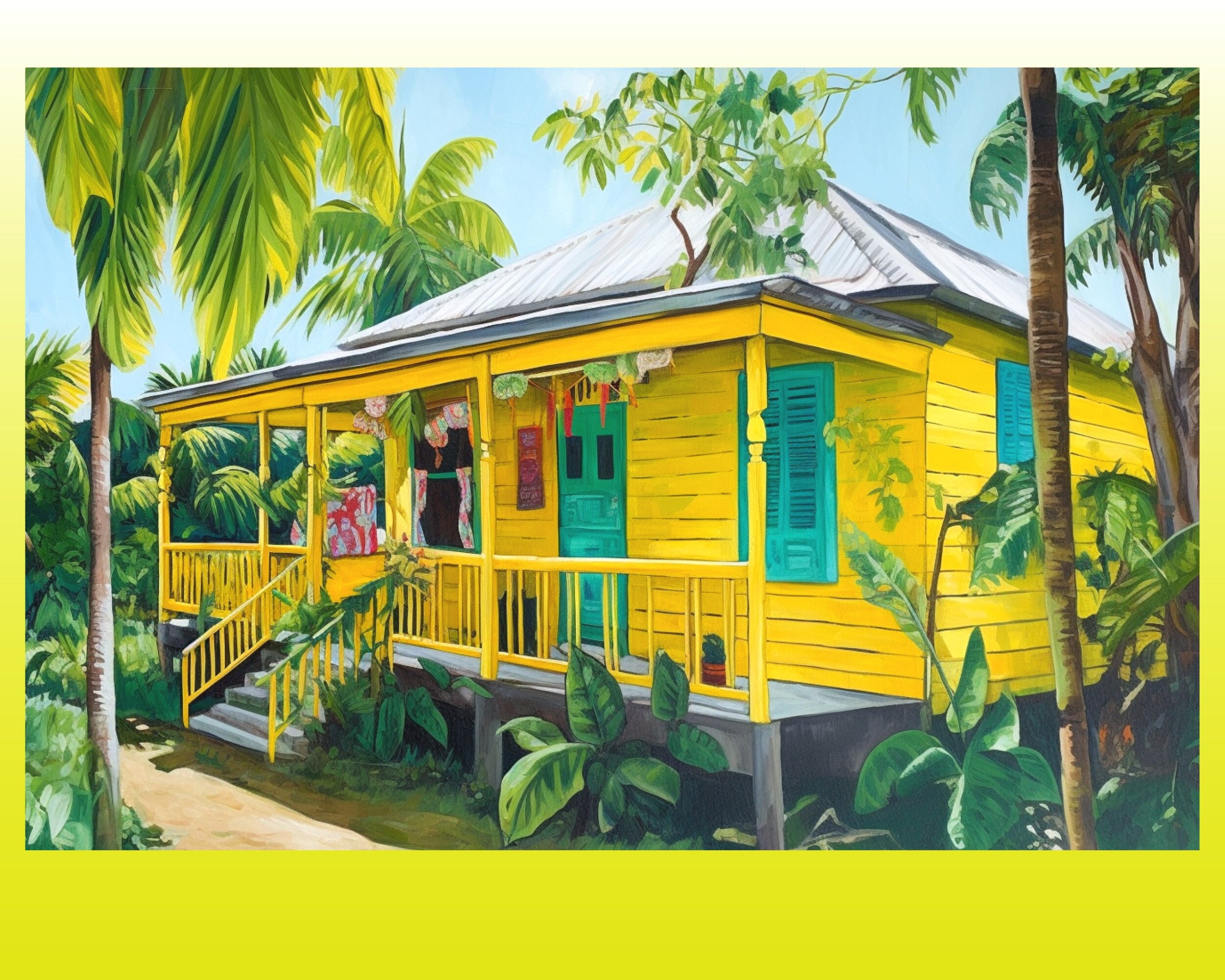 Yellow Chattel House Painting, Bajan Art, Caribbean Wall Decor From ...