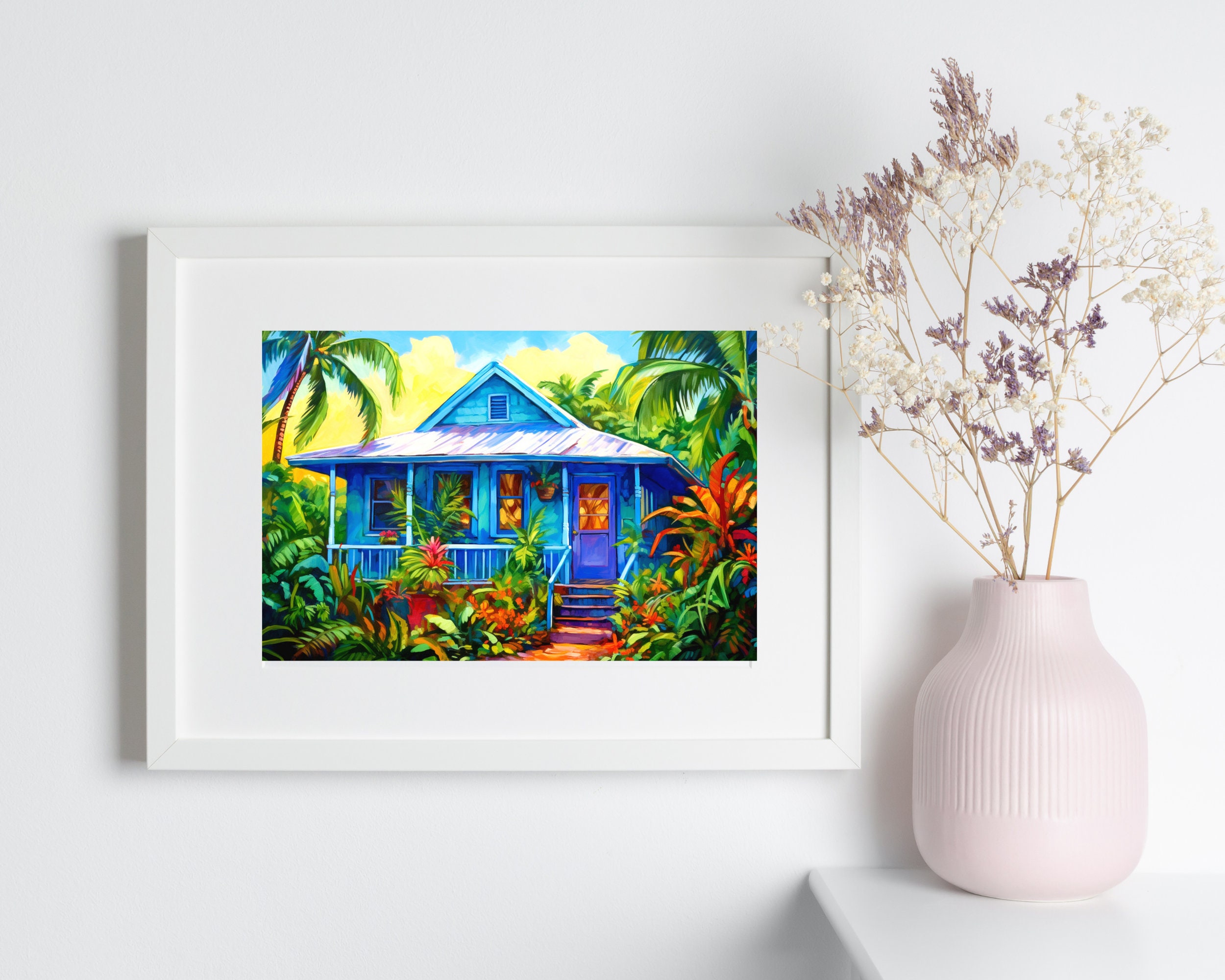 Blue Caribbean House in This Tropical Painting, Caribbean Chattel House ...