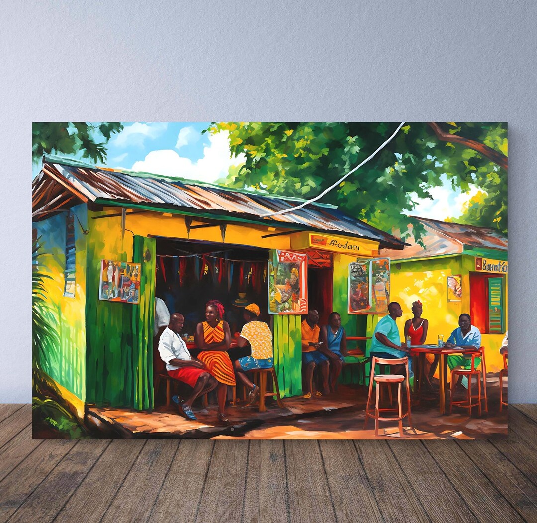 Caribbean Art Print of Jamaican Rum Shop in Yellow and Green Painting ...