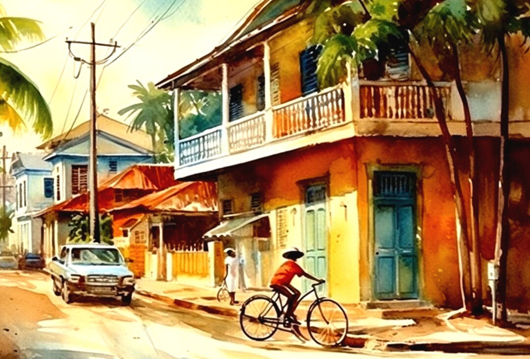 Trinidad Street Scene Watercolour Painting – Caribbean Art Silk Poster ...