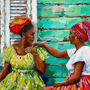 Grenada Art Print Two Ladies Headscarves Caribbean House Caribbean Art ...