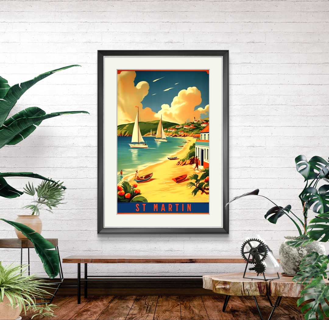 St Martin Travel Poster, Vintage, Art Deco Wall Art, Caribbean Islands ...
