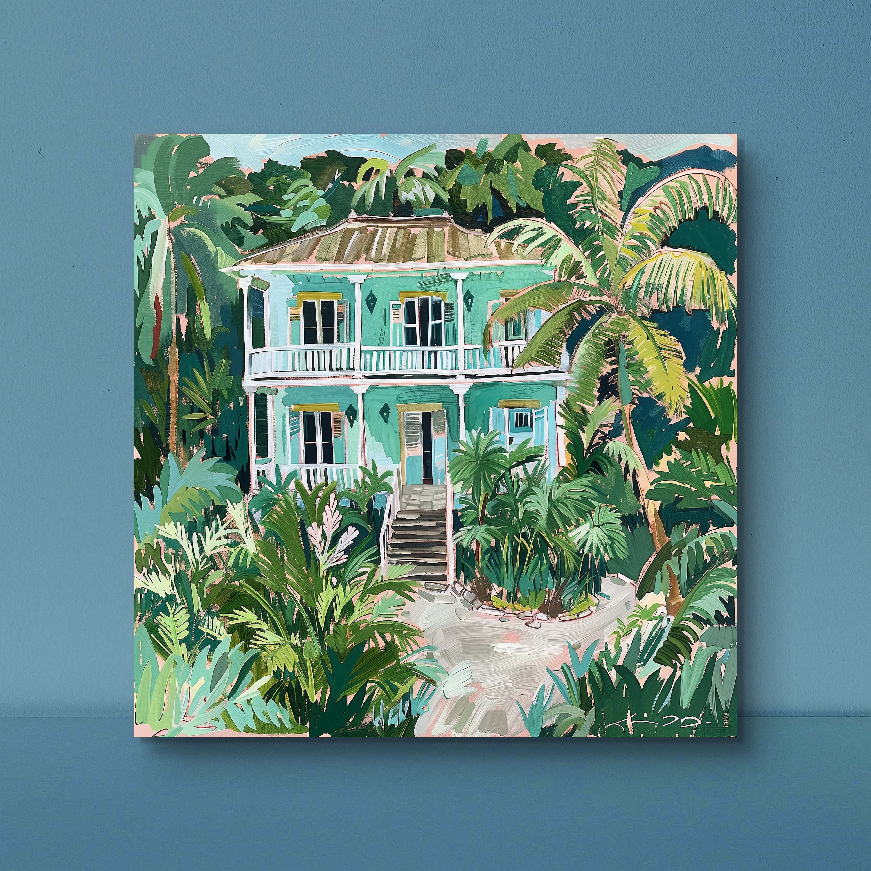 Caribbean House Canvas Romantic Print Mint and Green Print Tropical ...