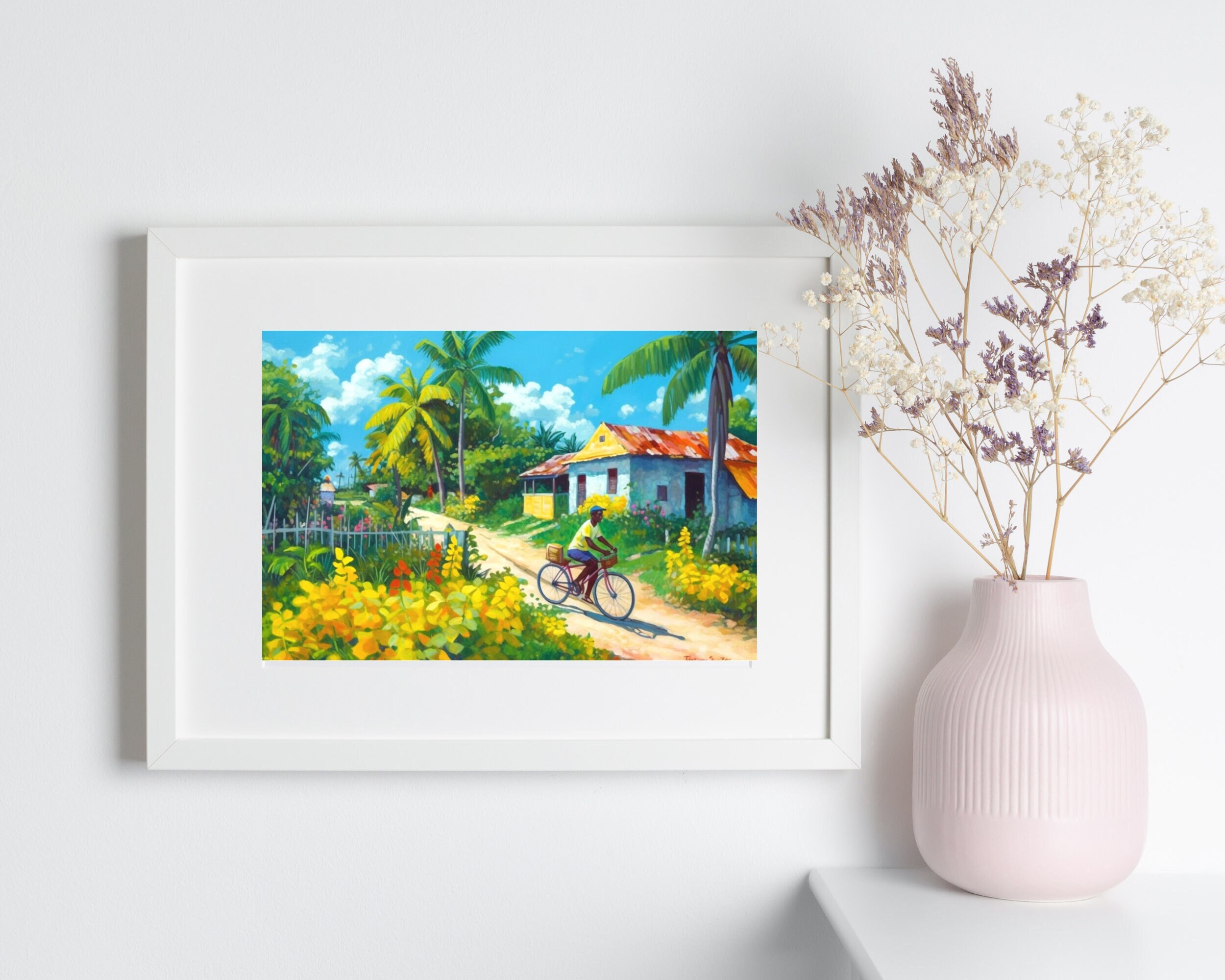 Tobago Art, Man on Bicycle in Flowers, Caribbean Art Print, Caribbean ...