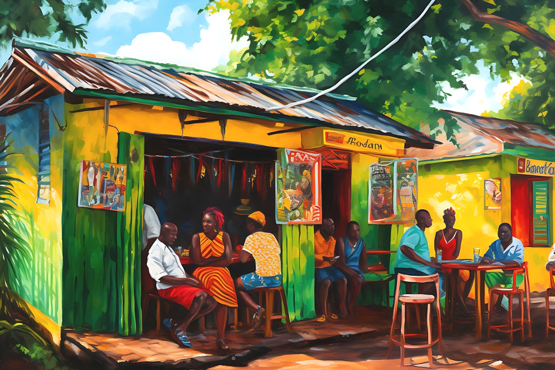 Caribbean Art Print of Jamaican Rum Shop in Yellow and Green Painting ...