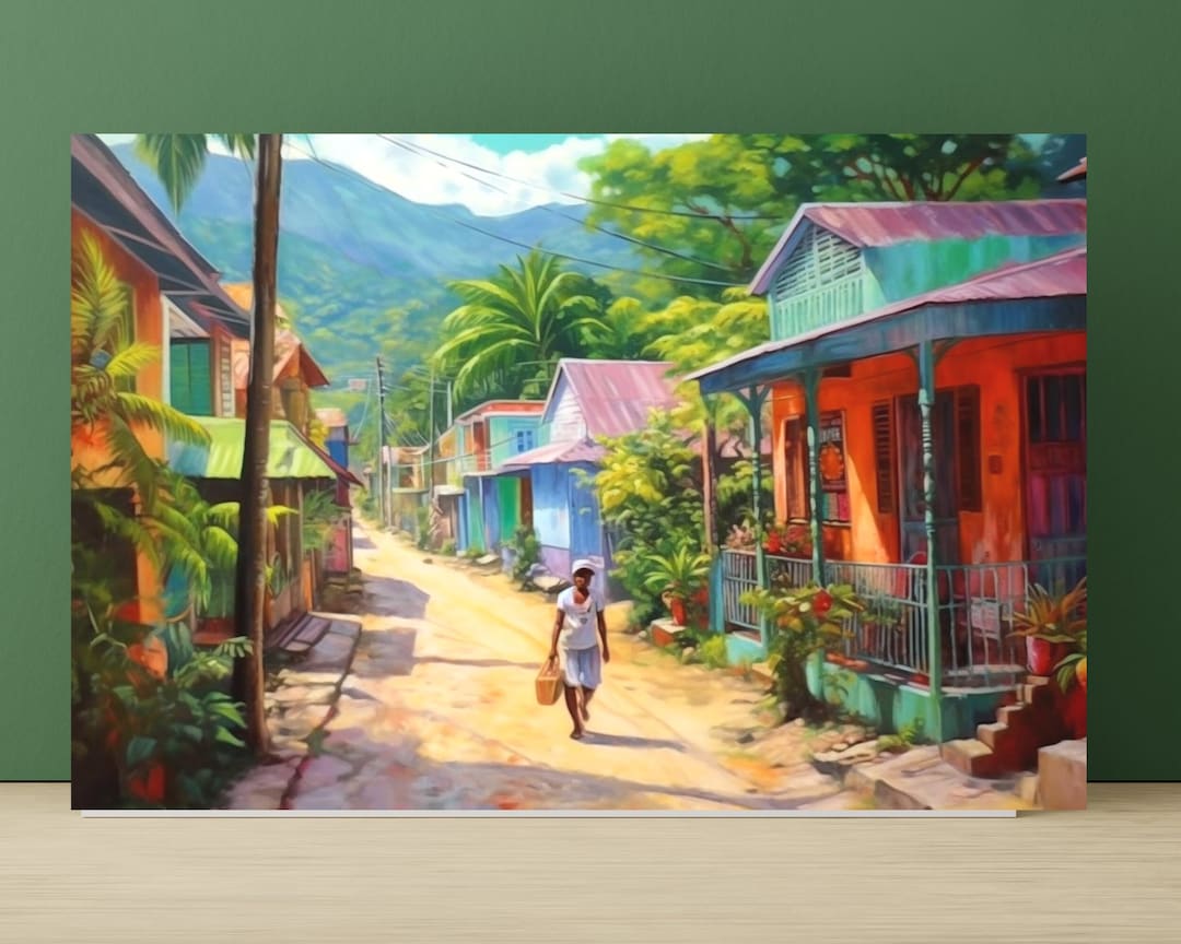 Caribbean Wall Art of Lady Walking Through Village in West Indies, St ...