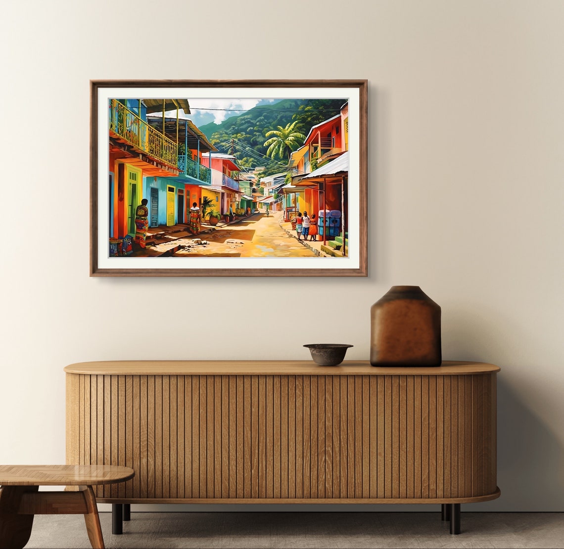 Dominica Art Canvas, Caribbean Village Scene, Madras Dress - Etsy