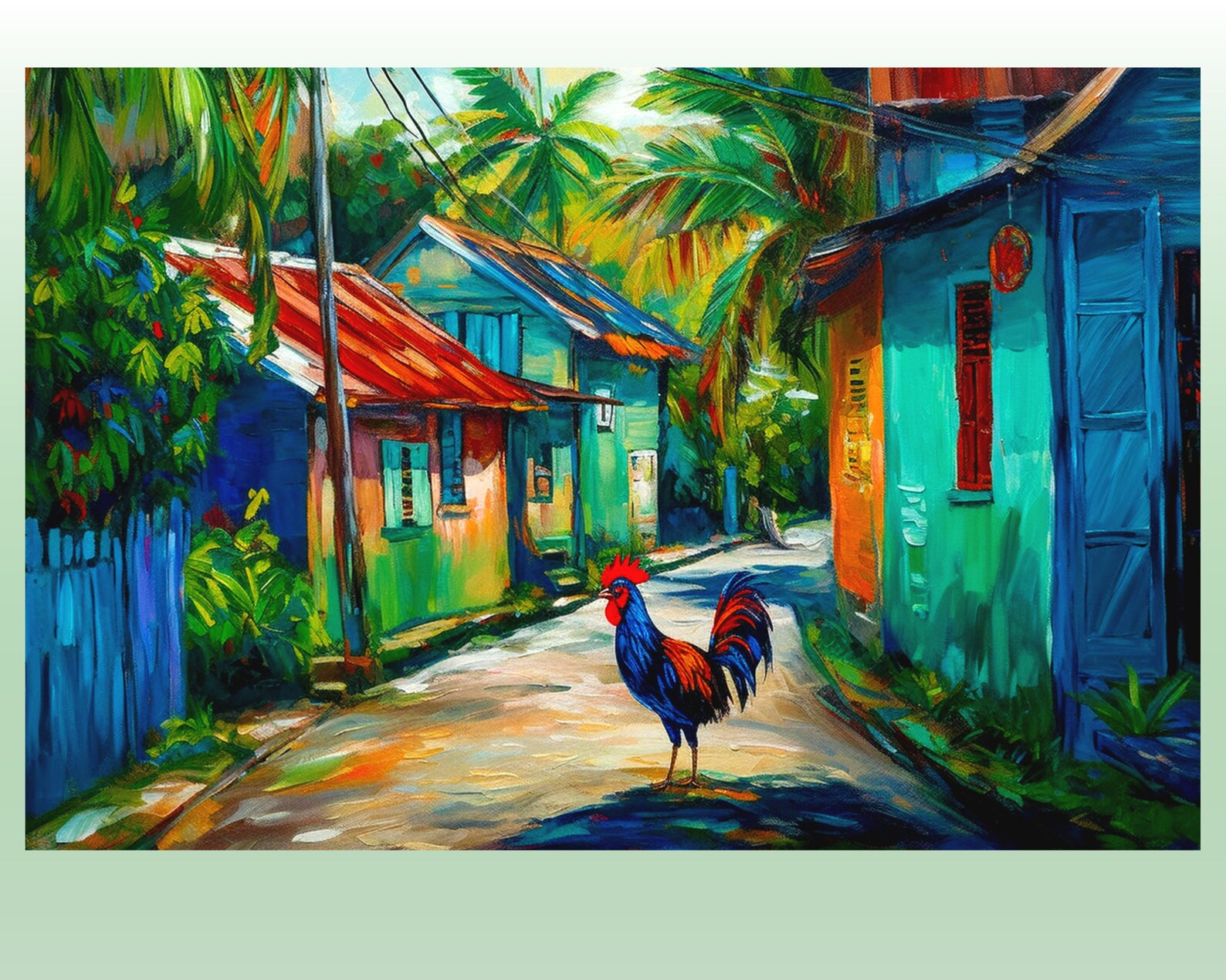 Caribbean Print of Village Rooster: Vibrant Rural Painting on - Etsy