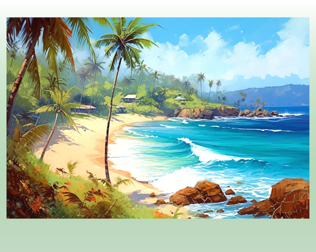 Caribbean Seascape, Tropical Beach Painting, Sea Artwork, Coconut Tree ...
