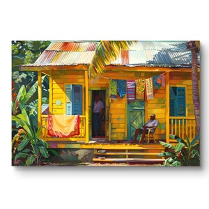Caribbean House Print Yellow Painted Wooden Tropical House Island Art ...