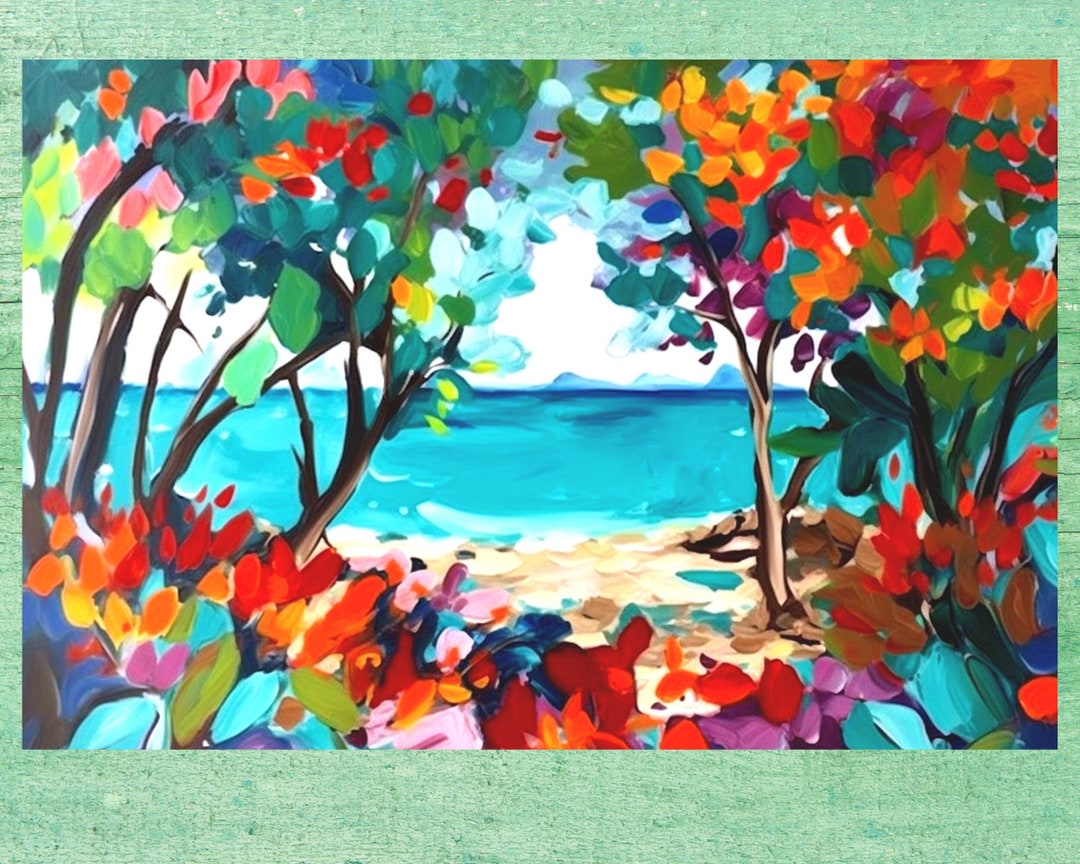 Grenada Art Painting of Beach Scene With Flowers, Caribbean Print Gift ...