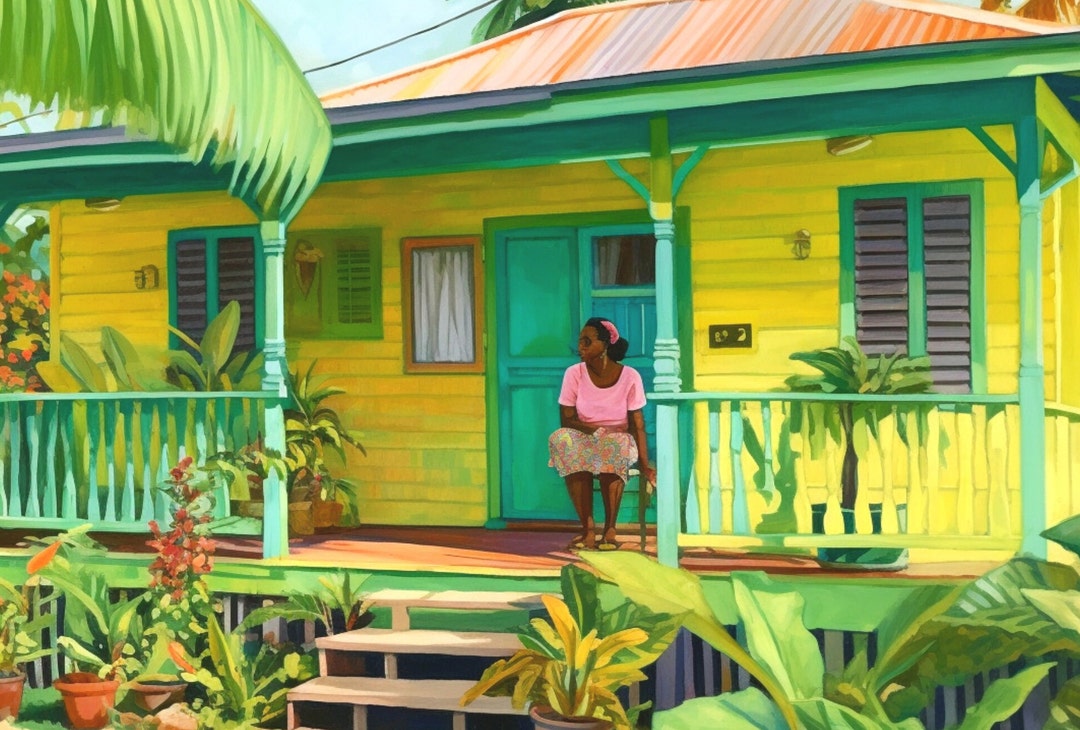 Barbados Painting of Chattel House in Green and Yellow, Caribbean Wall ...