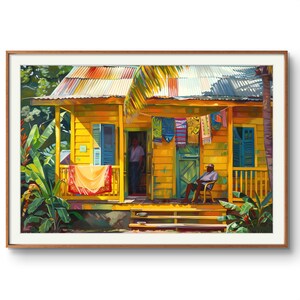 Caribbean House Print Yellow Painted Wooden Tropical House Island Art ...
