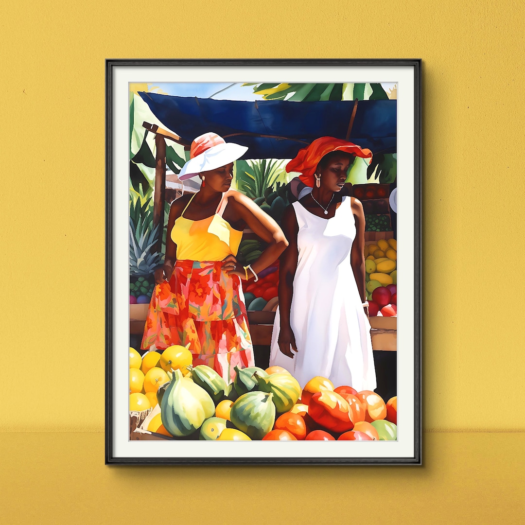 Caribbean Market Art of Two Girls With Fruit and Vegetables in Grenada ...