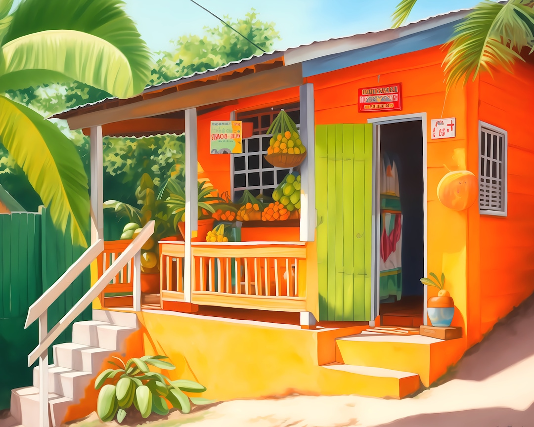Art for Caribbean House Print Colorful House Painting Caribbean Island ...