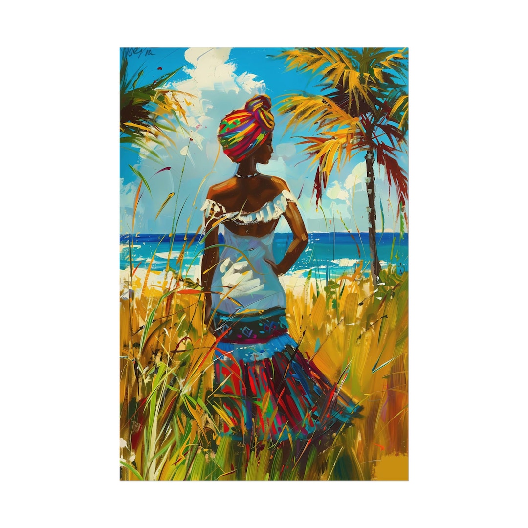 Dominica Art Poster of Dominican Lady on Savannah in Headscarf and ...