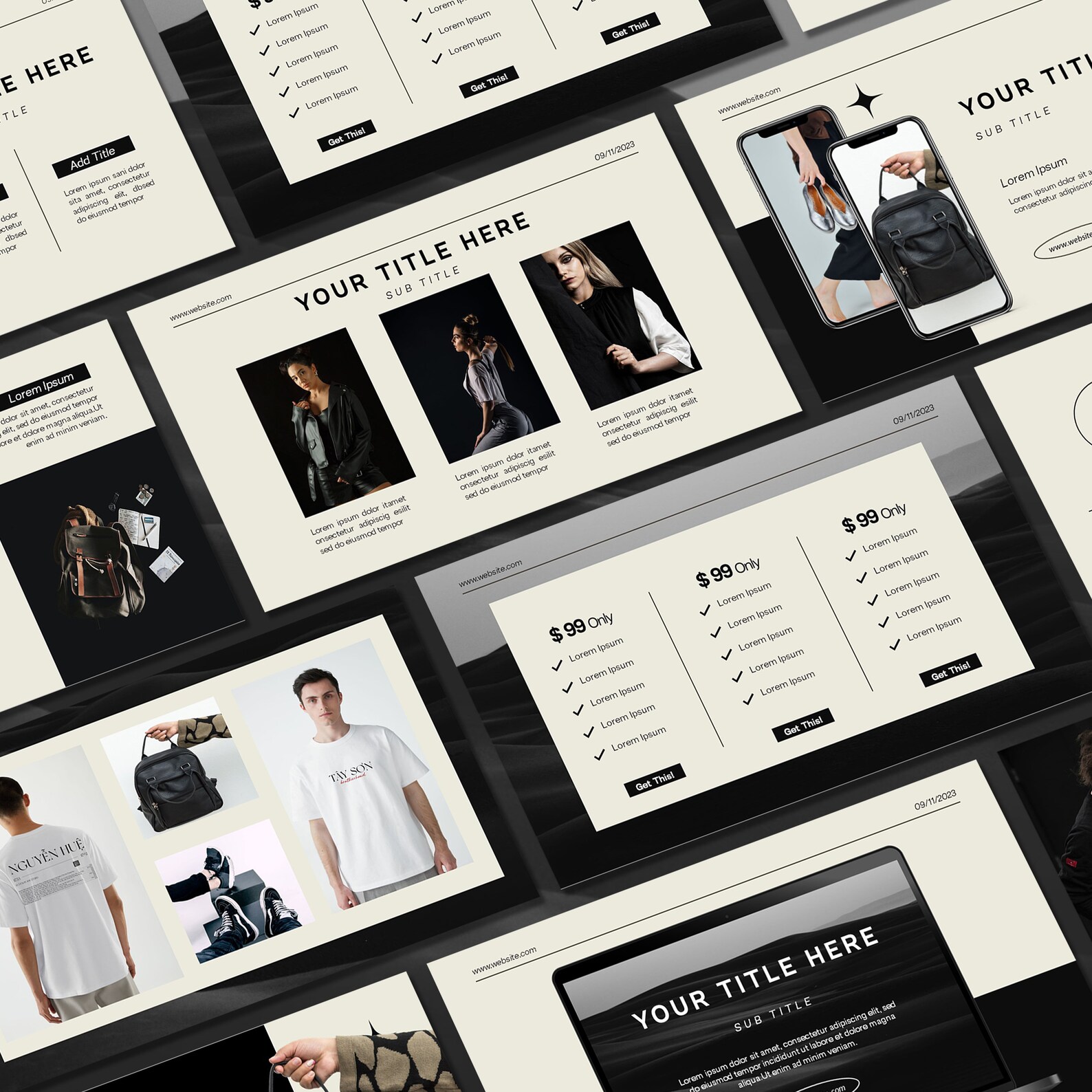 Black and White Powerpoint Template PPT Minimalist Fashion Business Presentation Monochrome ...