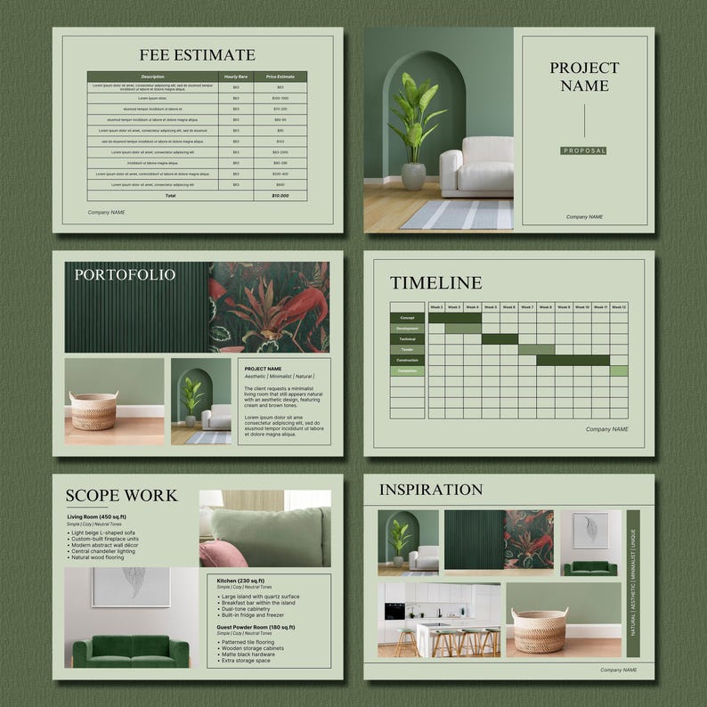 Interior Design Proposal Template for Canva, Client Project, Sage Theme ...
