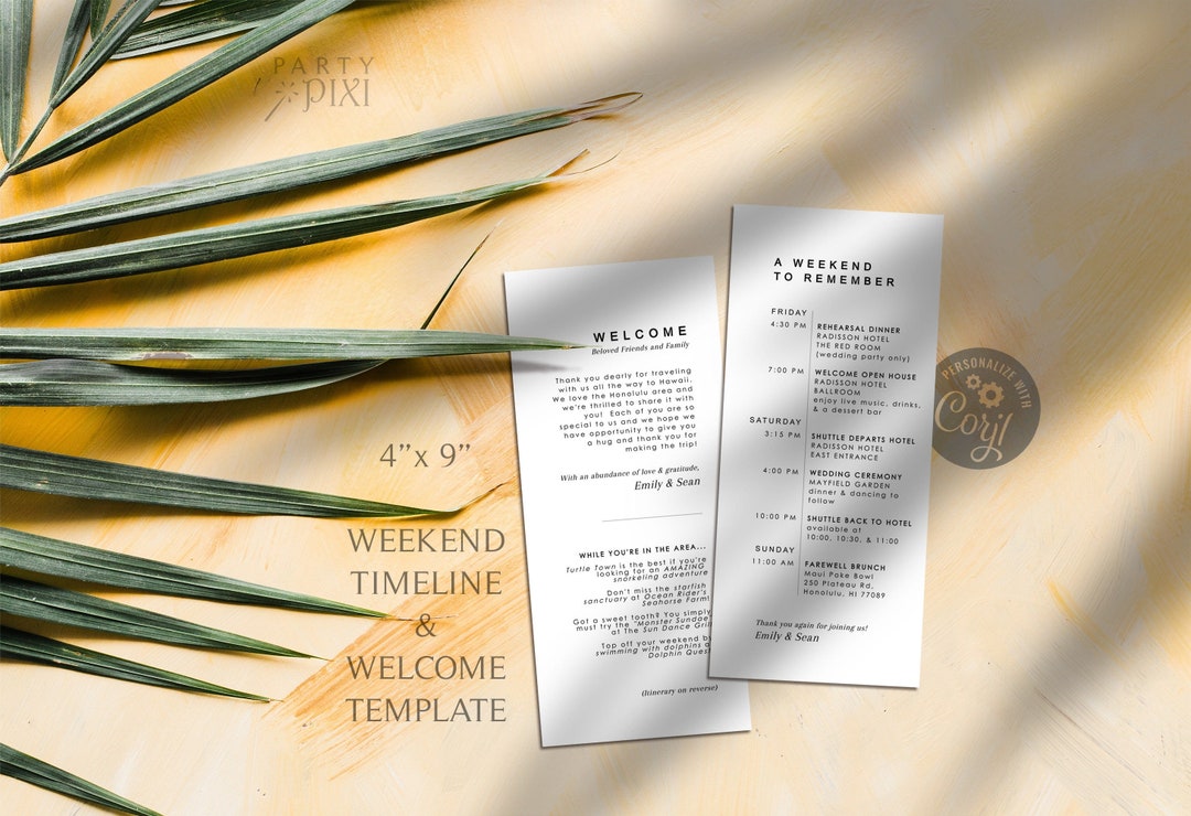 Weekend Wedding Itinerary Template, Wedding Weekend Timeline 4x9 ...