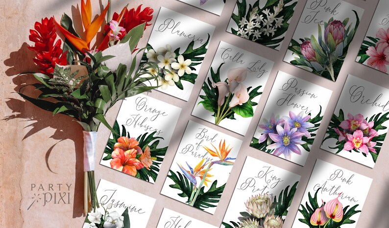 Set of 15 Printable Tropical Table Cards Flower Names, Hawaii Unique ...