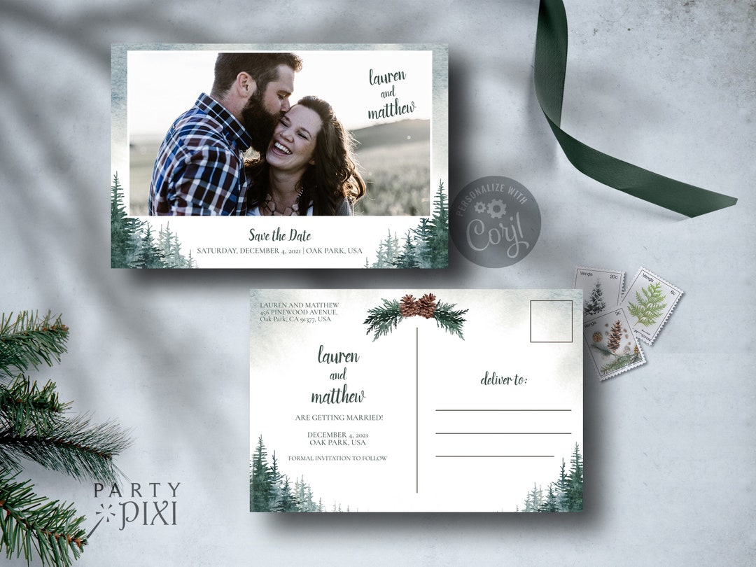 Rustic Save the Date Postcard Template With Photo, Watercolor Forest ...