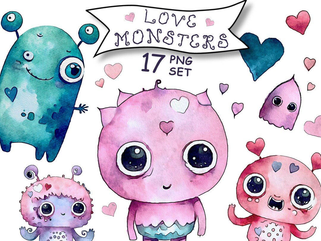 17 PNG Ugly Cute Love Monster Clip Art Bundle, Watercolor Texture Blue ...