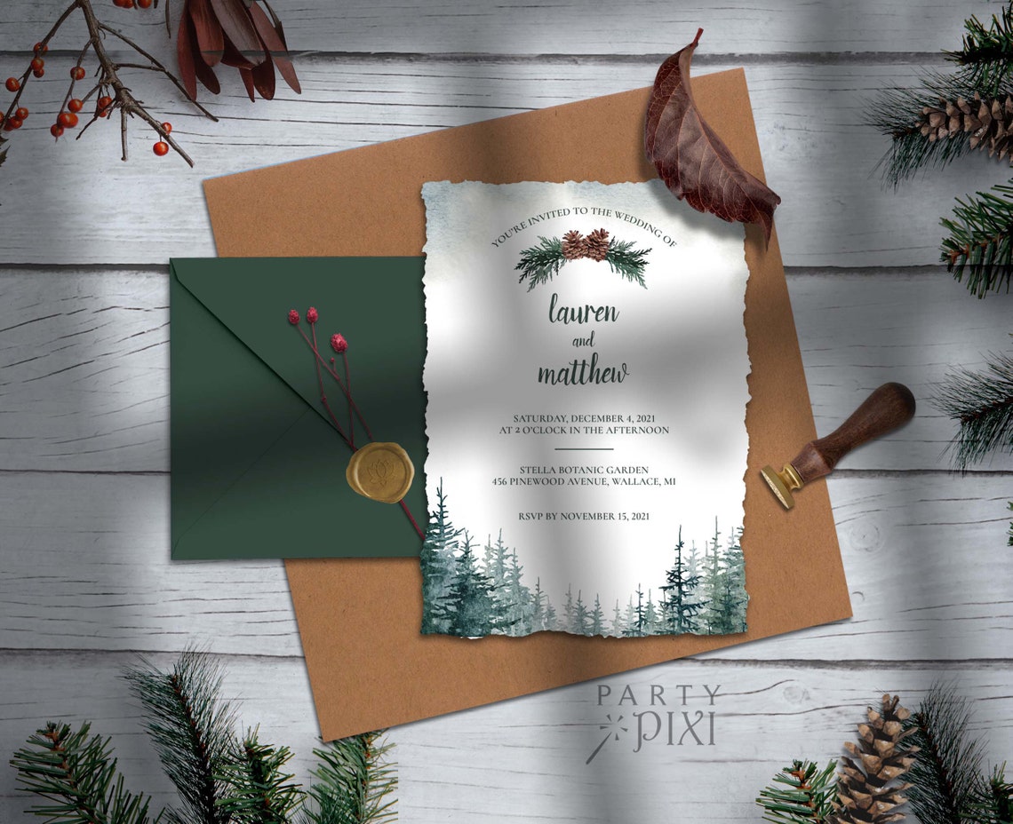 Pine Tree Wedding Invitation Template Set Casual Printable - Etsy