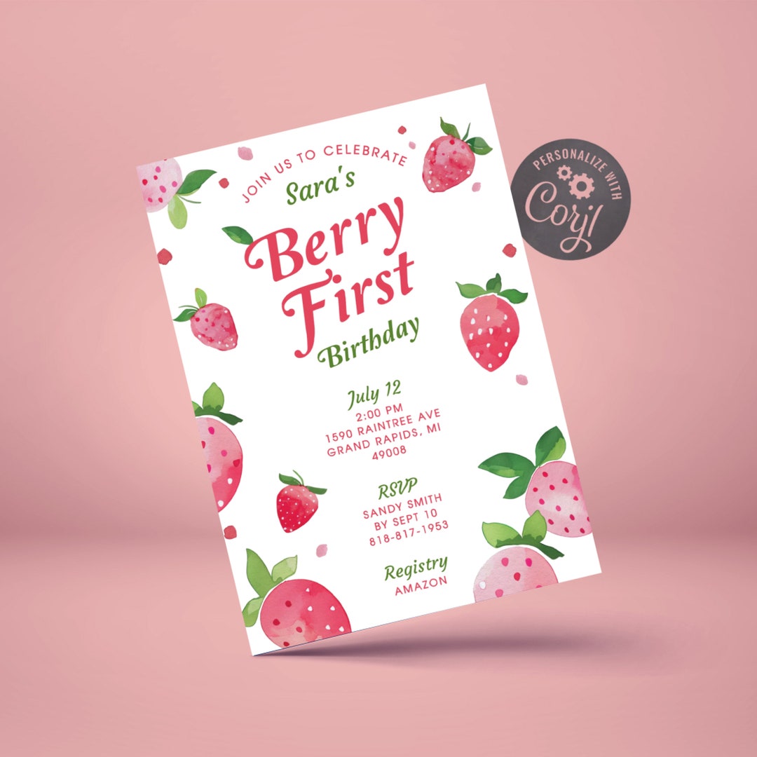 Berry First Birthday Party Invitation Template, Strawberry Party Invite ...