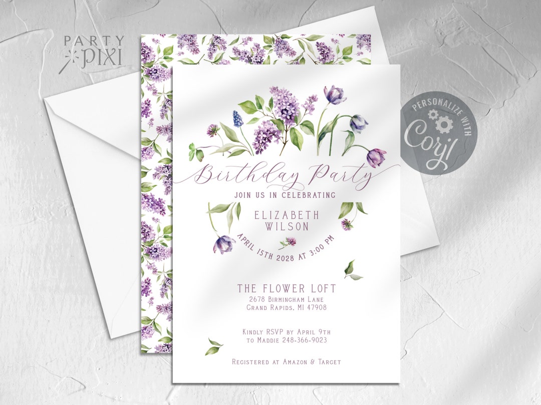 Spring Flowers Birthday Party Invitation Template, Lilacs Party Invite ...