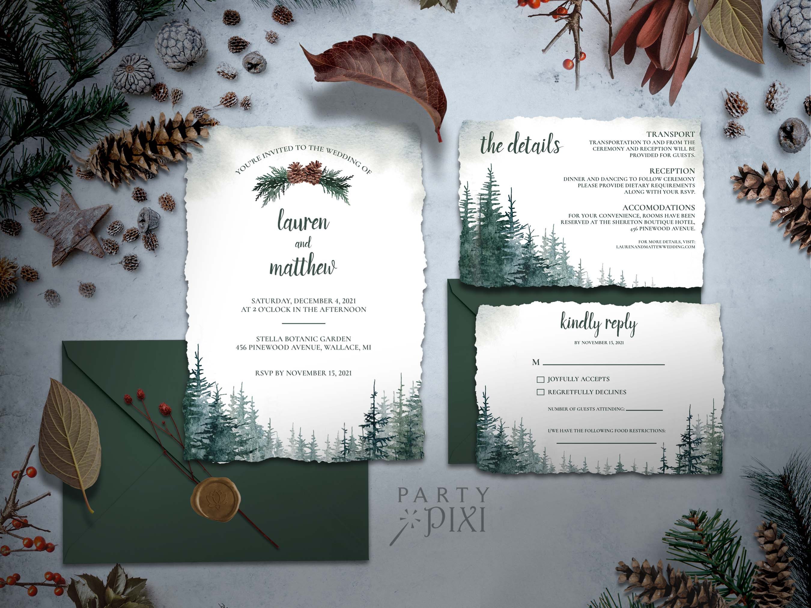 Pine Tree Wedding Invitation Template Set Casual Printable - Etsy