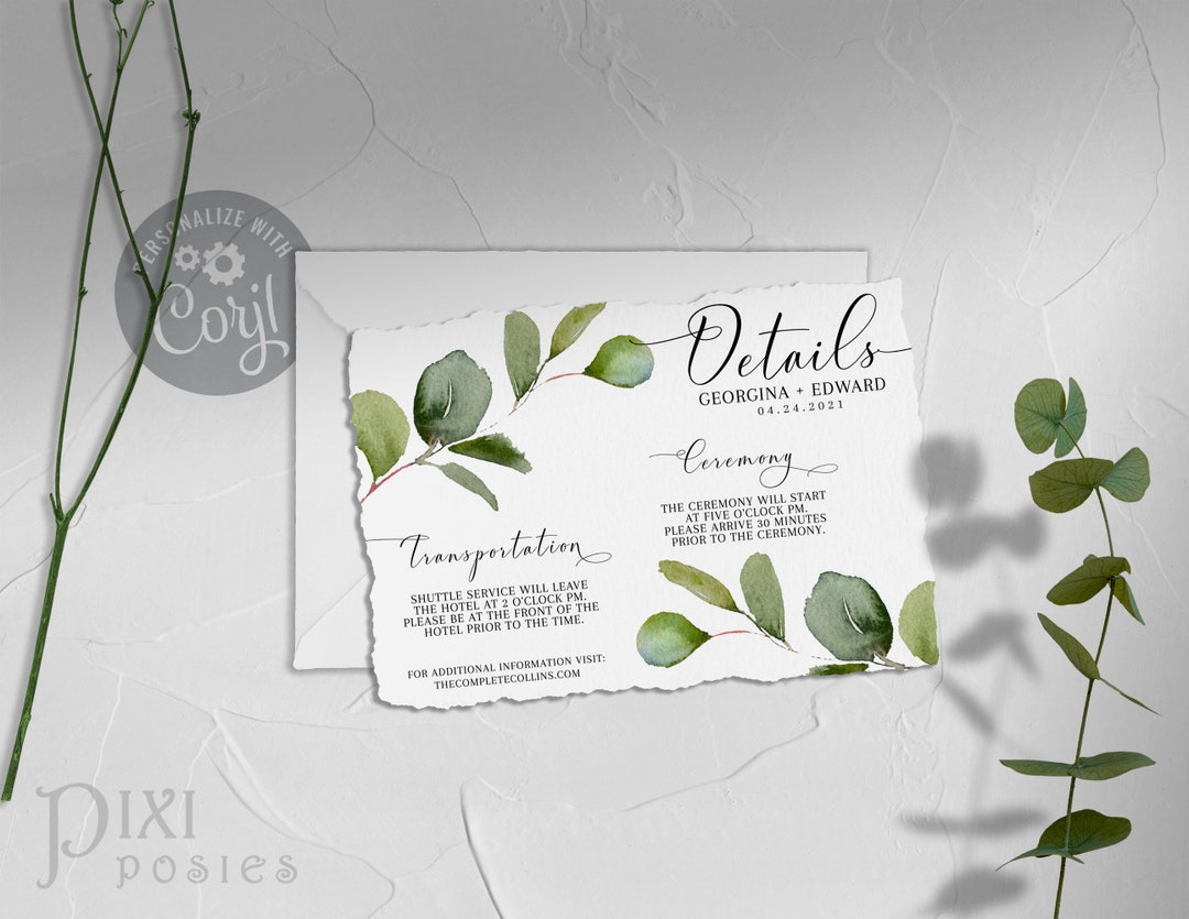 Eucalyptus Details Card, Watercolor Greenery Wedding Info Card Template ...